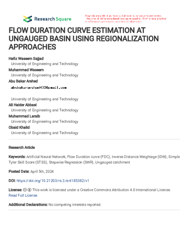 (PDF) Flow Duration Curve Estimation at Ungauged Basin Using Regionalization Approaches