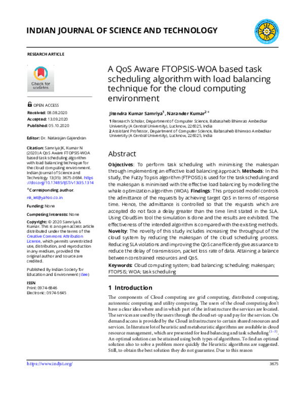 Pdf A Qos Aware Ftopsis Woa Based Task Scheduling Algorithm With Load Balancing Technique For