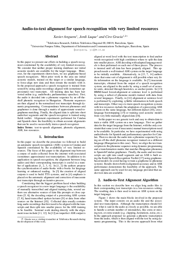(PDF) Audio-to-text alignment for speech recognition with very limited resources