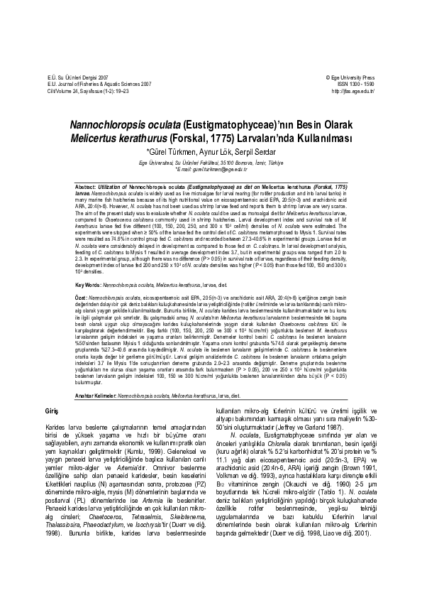 (PDF) Nannochloropsis oculata (Eustigmatophyceae)'nın Besin Olarak ...