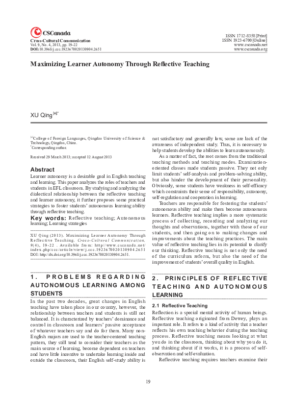 (PDF) Maximizing Learner Autonomy Through Reflective Teaching