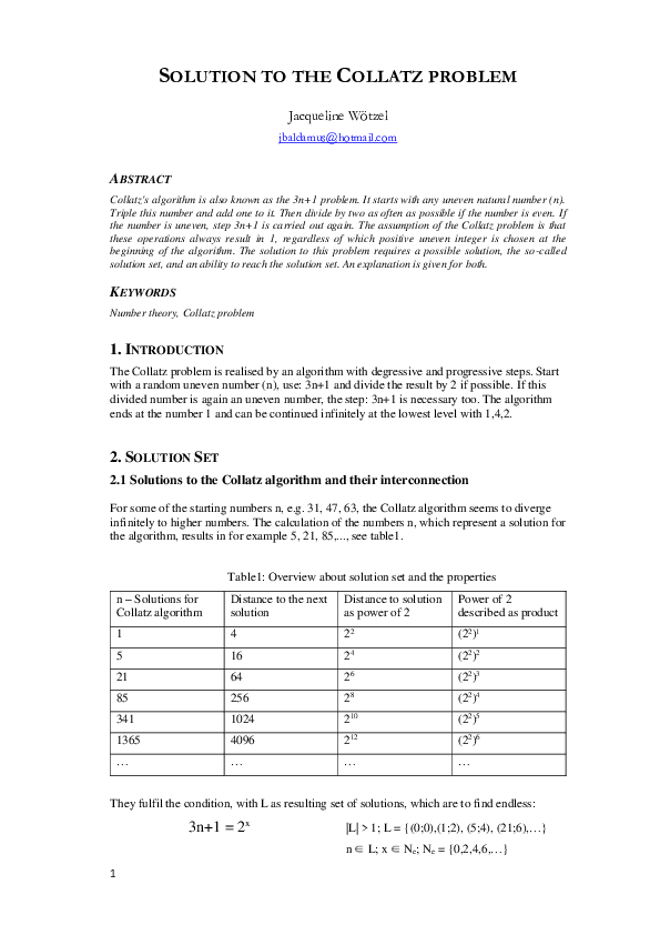 (PDF) SOLUTION TO THE COLLATZ PROBLEM