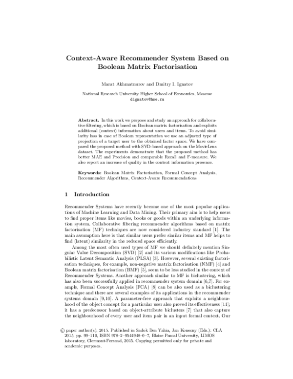 (PDF) Context-Aware Recommender System Based on Boolean Matrix Factorisation