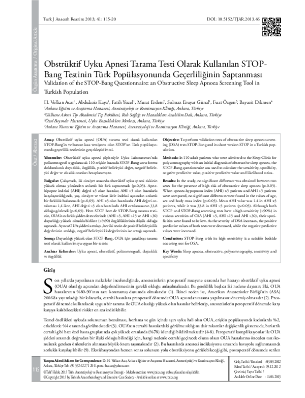 (PDF) Validation of the STOP-Bang Questionnaire: an Obstructive Sleep ...