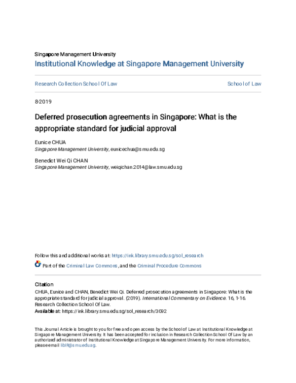 (PDF) Deferred Prosecution Agreements in Singapore: What Is the ...