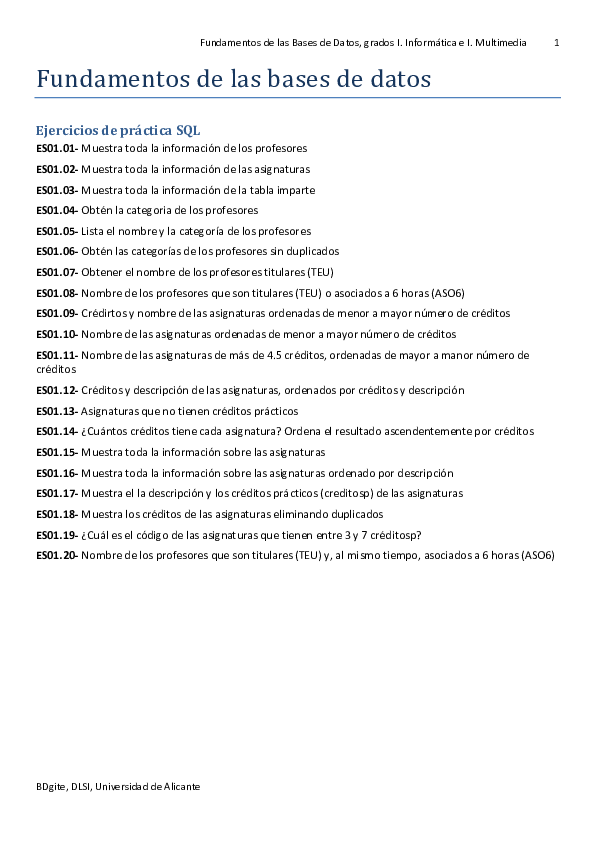 (PDF) Fundamentos de las Bases de Datos. SQL ejercicios