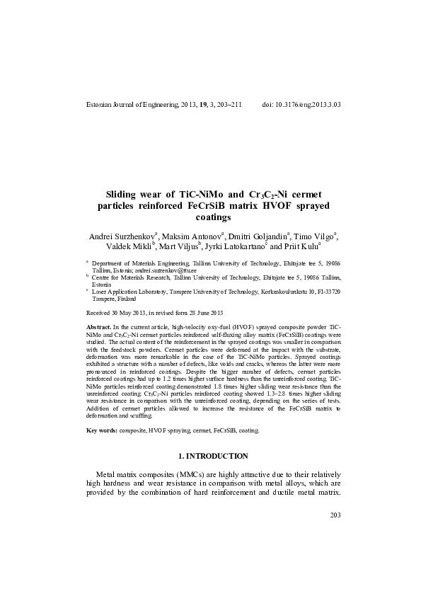 Pdf Sliding Wear Of Tic Nimo And Cr3c2 Ni Cermet Particles Reinforced Fecrsib Matrix Hvof