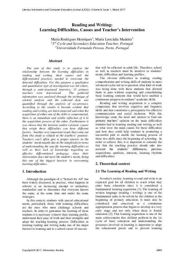 (PDF) Reading and Writing:Learning Difficulties, Causes and Teacher’s Intervention
