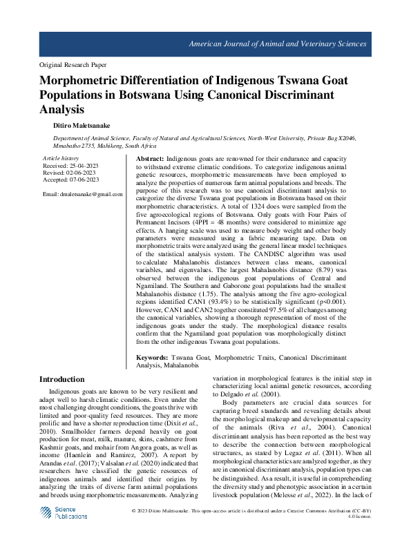(PDF) Morphometric Differentiation of Indigenous Tswana Goat Populations in Botswana Using ...
