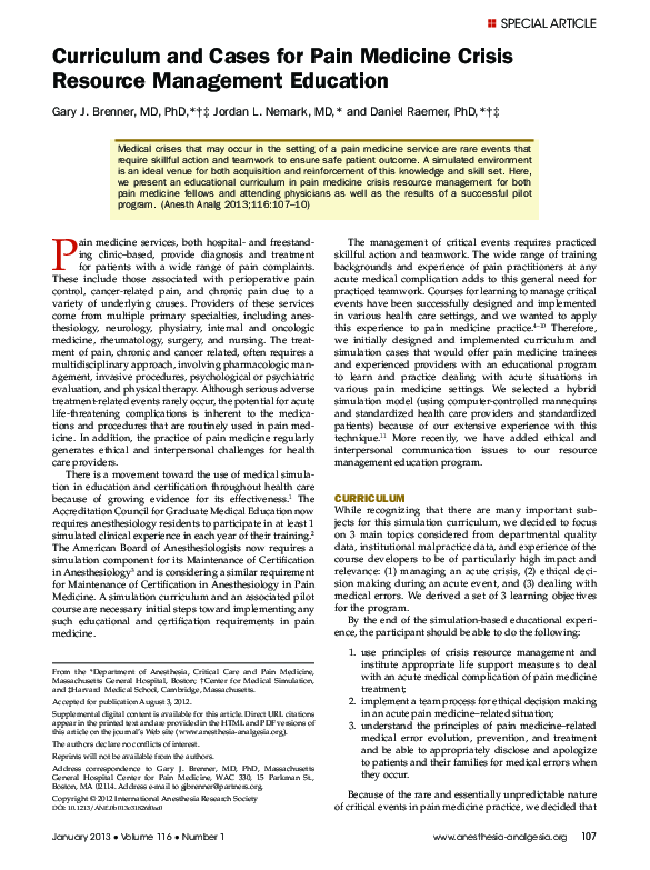 (PDF) Curriculum and Cases for Pain Medicine Crisis Resource Management ...