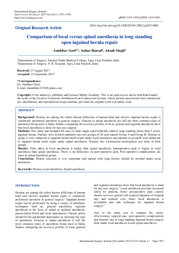 (PDF) Comparison of local versus spinal anesthesia in long standing open inguinal hernia repair