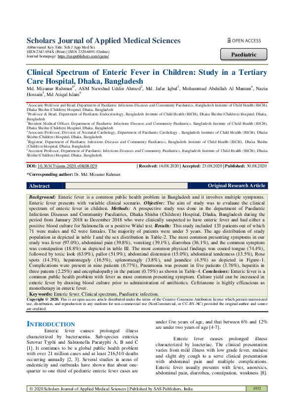 (PDF) Clinical Spectrum of Enteric Fever in Children: Study in a ...