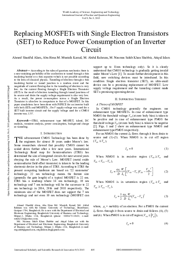 (PDF) Replacing Mosfets With Single Electron Transistors (Set) To ...