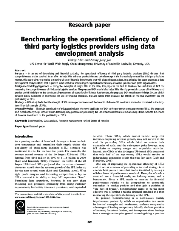 (PDF) Benchmarking the operational efficiency of third party logistics providers using data ...