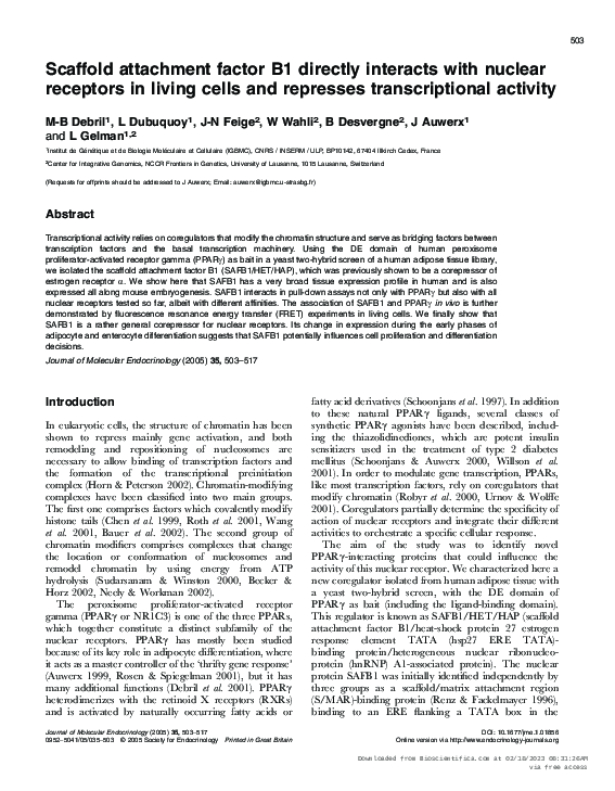 (PDF) Scaffold attachment factor B1 directly interacts with nuclear ...