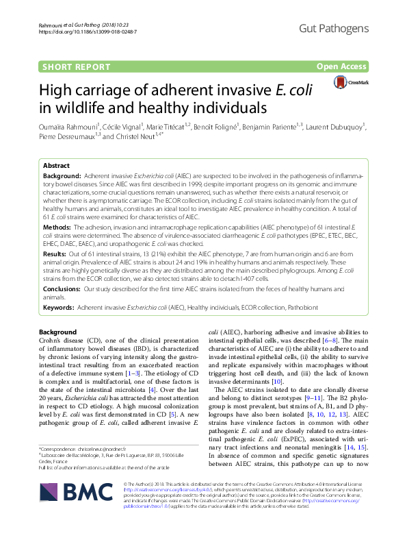 (PDF) High carriage of adherent invasive E. coli in wildlife and ...