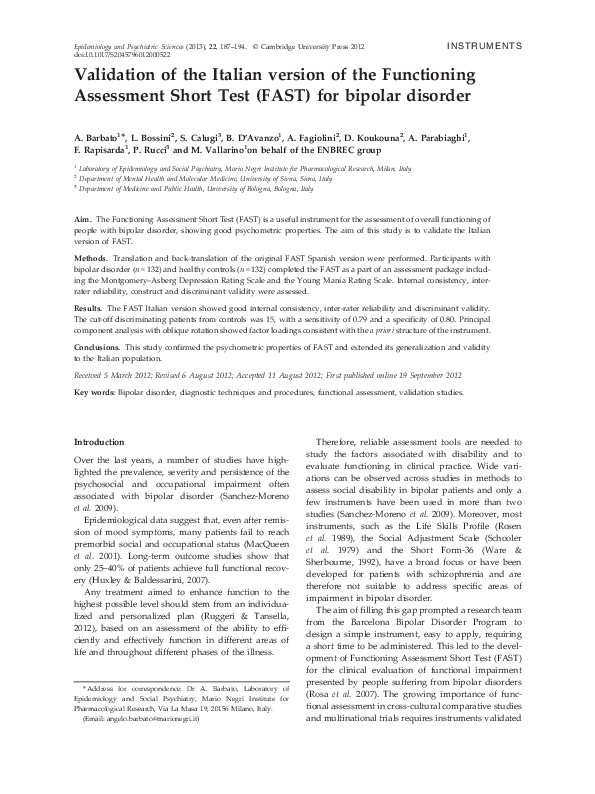 (PDF) Validation of the Italian version of the Functioning Assessment ...