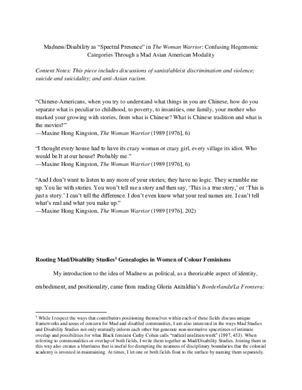(PDF) Madness/Disability as "Spectral Presence" in The Woman Warrior ...