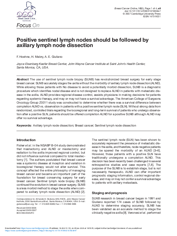 (PDF) Positive sentinel lymph nodes should be followed by axillary ...