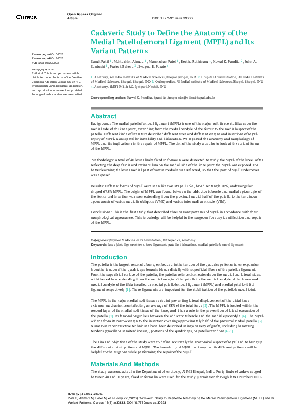 (PDF) Cadaveric Study to Define the Anatomy of the Medial Patellofemoral Ligament (MPFL) and Its ...