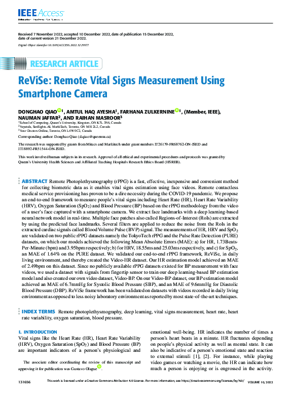 (PDF) ReViSe: Remote Vital Signs Measurement Using Smartphone Camera