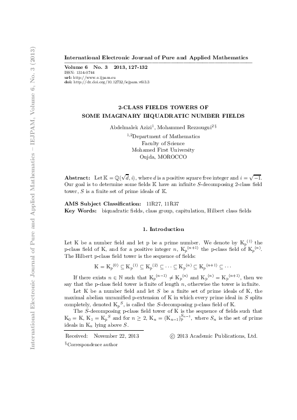 (PDF) 2-CLASS Fields Towers of Some Imaginary Biquadratic Number Fields