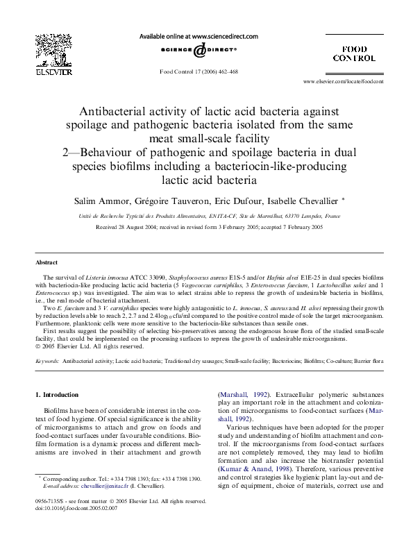 (PDF) Antibacterial activity of lactic acid bacteria against spoilage and pathogenic bacteria ...