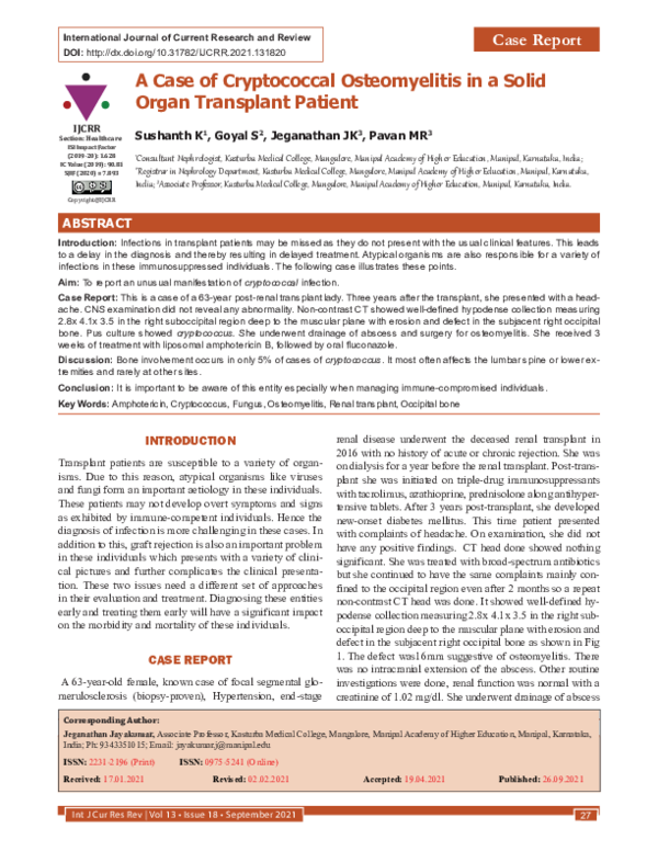 (PDF) A Case of Cryptococcal Osteomyelitis in a Solid Organ Transplant ...