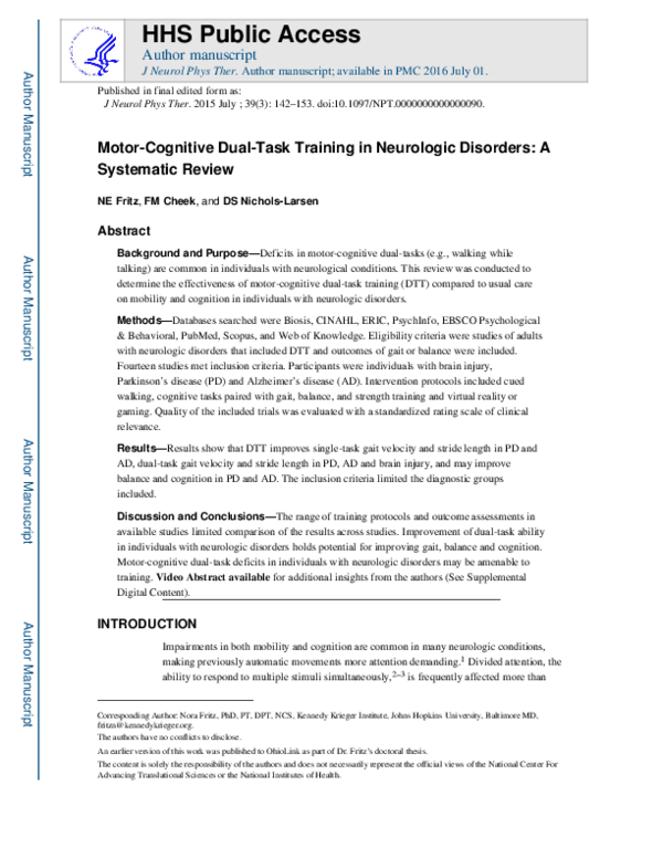 (PDF) Motor-Cognitive Dual-Task Training in Persons With Neurologic Disorders