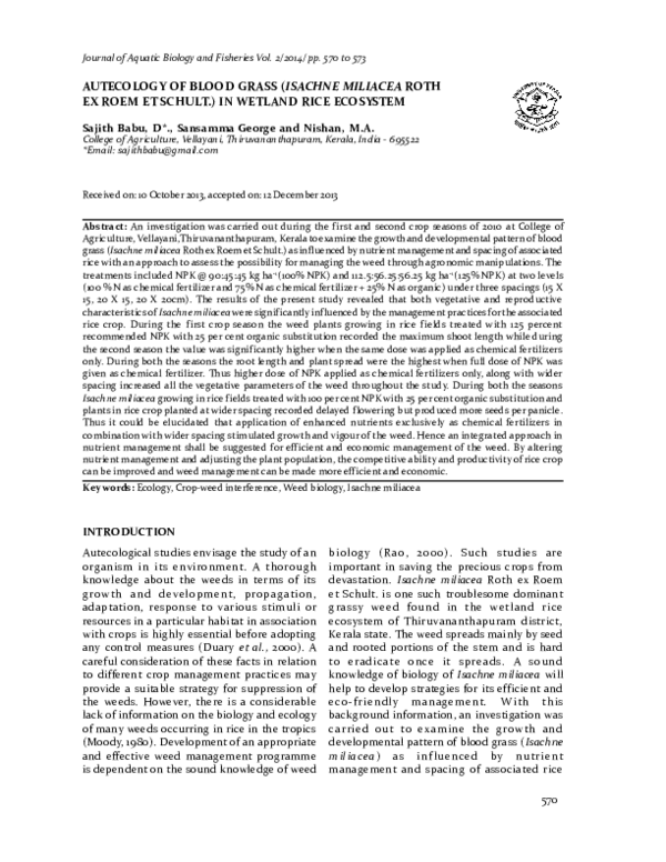 (PDF) Autecology of Blood Grass ( Isachne Miliacea Roth Ex Roem et ...