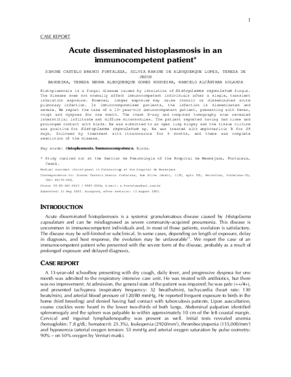 (PDF) Histoplasmose disseminada aguda em indivíduo imunocompetente