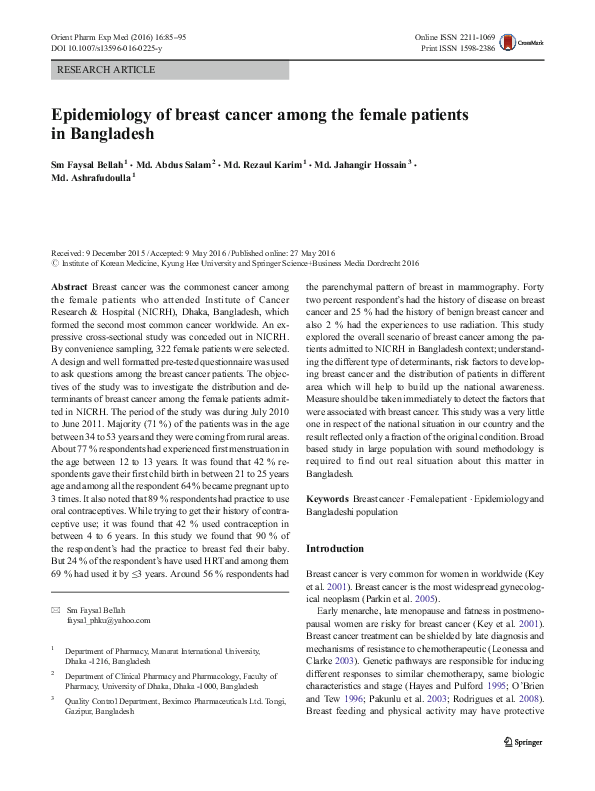 (PDF) Epidemiology of breast cancer among the female patients in Bangladesh
