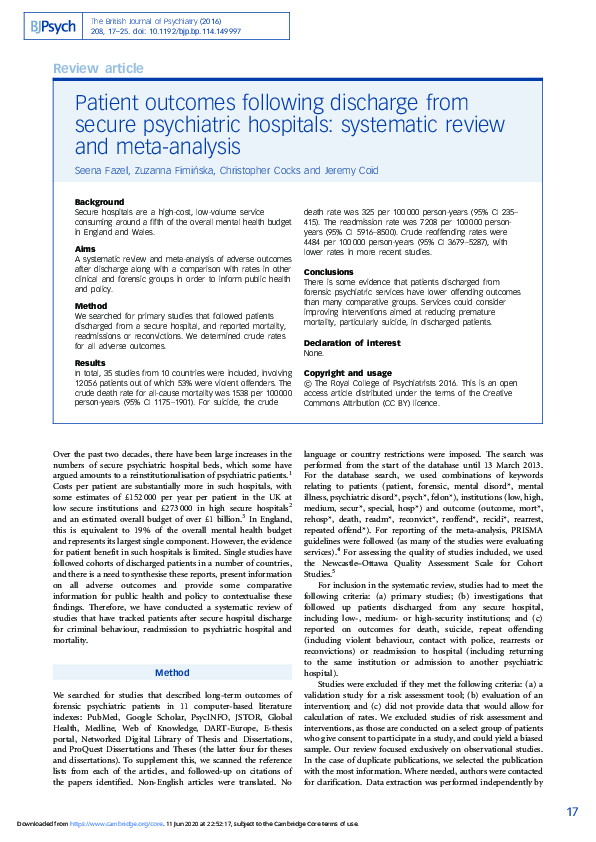 (PDF) Patient outcomes following discharge from secure psychiatric ...