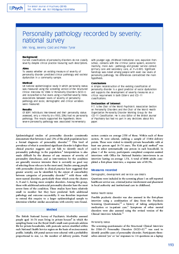 (PDF) Personality pathology recorded by severity: national survey