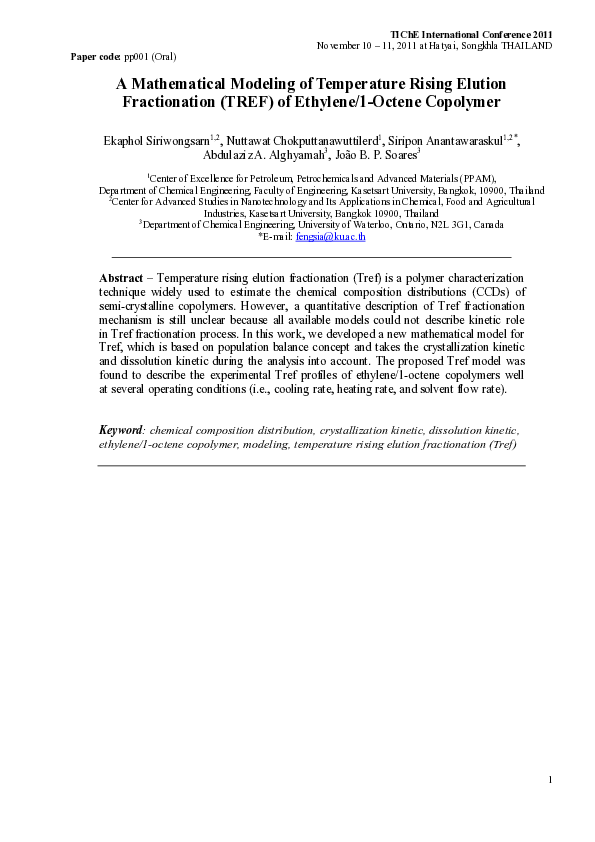 (PDF) Mathematical Modeling of Temperature Rising Elution Fractionation (TREF) of Polyethylene ...