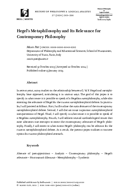 (PDF) Hegel's Metaphilosophy and Its Relevance for Contemporary Philosophy
