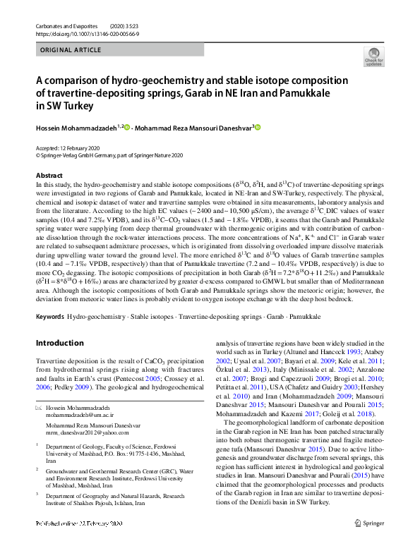 (PDF) A comparison of hydro-geochemistry and stable isotope composition of travertine-depositing ...