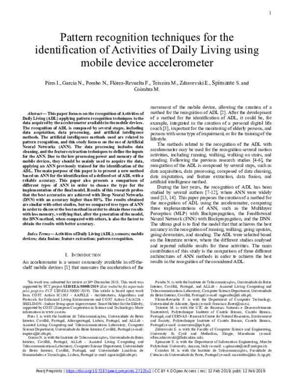 (PDF) Pattern recognition techniques for the identification of Activities of Daily Living using ...