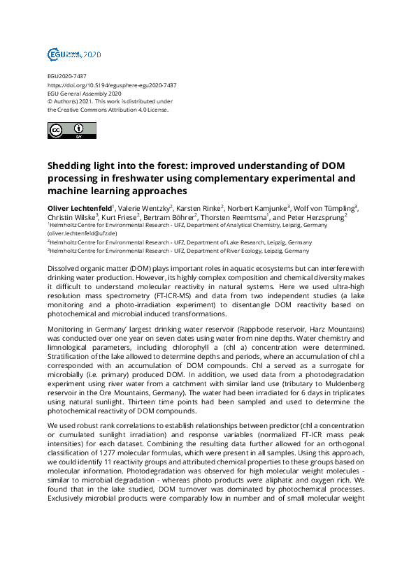 (PDF) Shedding light into the forest: improved understanding of DOM processing in freshwater ...