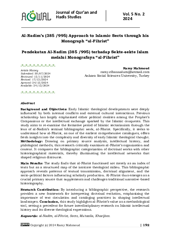 (PDF) Al-Nadim's (385 /995) Approach to Islamic Sects through his ...