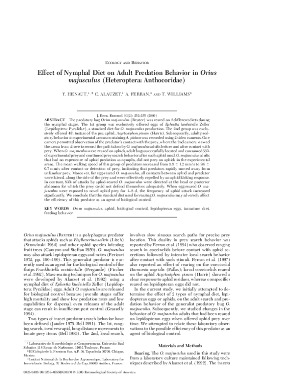 (PDF) Effect of Nymphal Diet on Adult Predation Behavior inOrius majusculus(Heteroptera ...