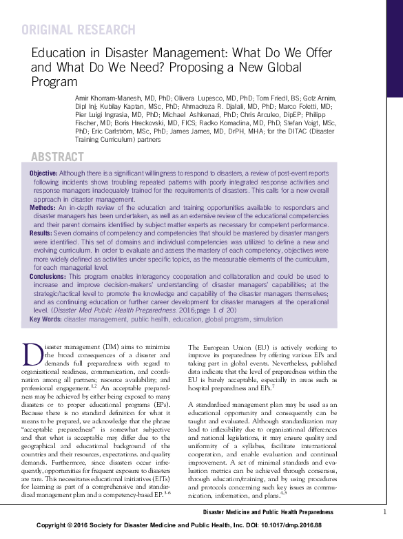 (PDF) Education in Disaster Management: What Do We Offer and What Do We Need? Proposing a New ...