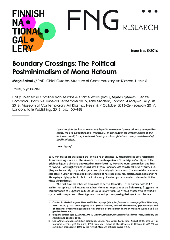 (PDF) Boundary Crossings: The Political Postminimalism of Mona Hatoum