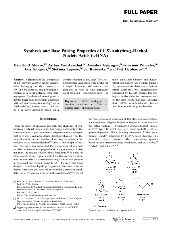 (PDF) Synthesis and Base Pairing Properties of 1′,5′‐Anhydro‐L‐Hexitol ...