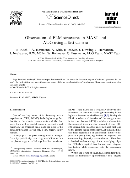 (PDF) Observation of ELM structures in MAST and AUG using a fast camera
