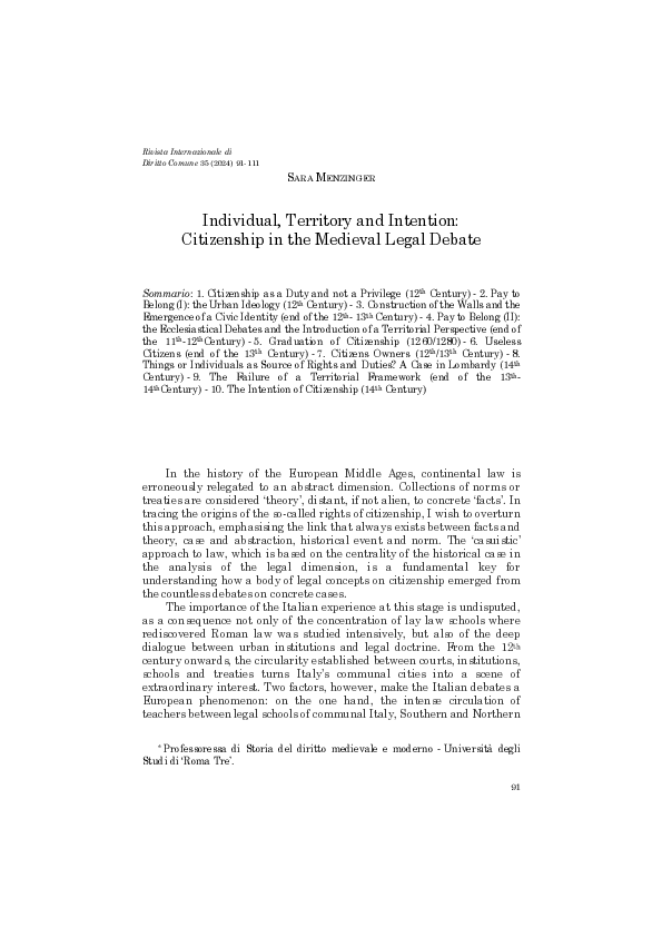(PDF) Individual, Territory and Intention: Citizenship in the Medieval ...