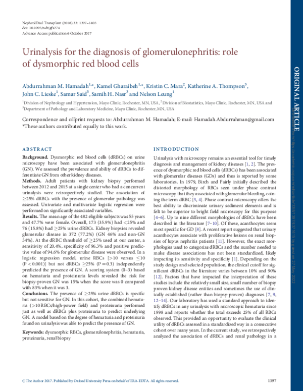 (PDF) Urinalysis for the diagnosis of glomerulonephritis: role of ...