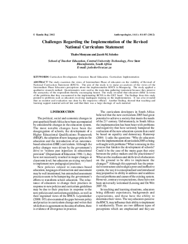 (PDF) Challenges Regarding the Implementation of the Revised National ...