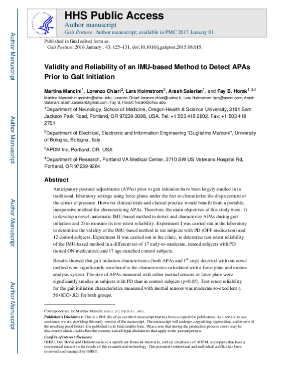(PDF) Validity and reliability of an IMU-based method to detect APAs prior to gait initiation