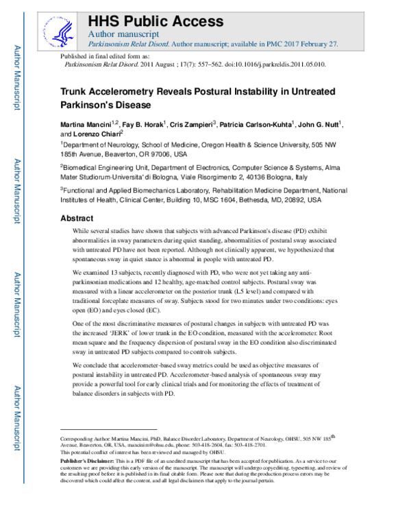 (PDF) Trunk accelerometry reveals postural instability in untreated ...